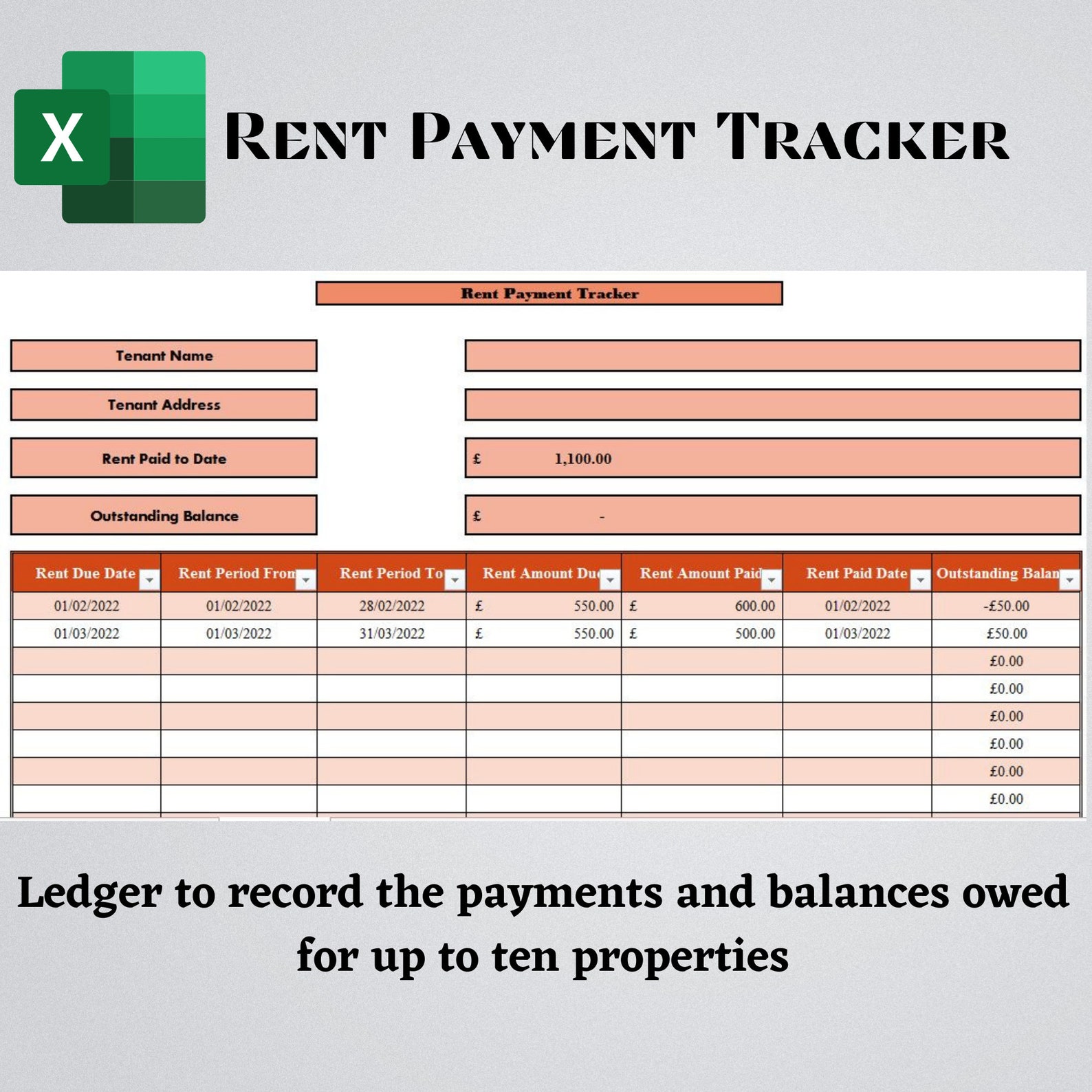 Rental Payment Tracker Excel, Rent Ledger for up to 10 Properties ...