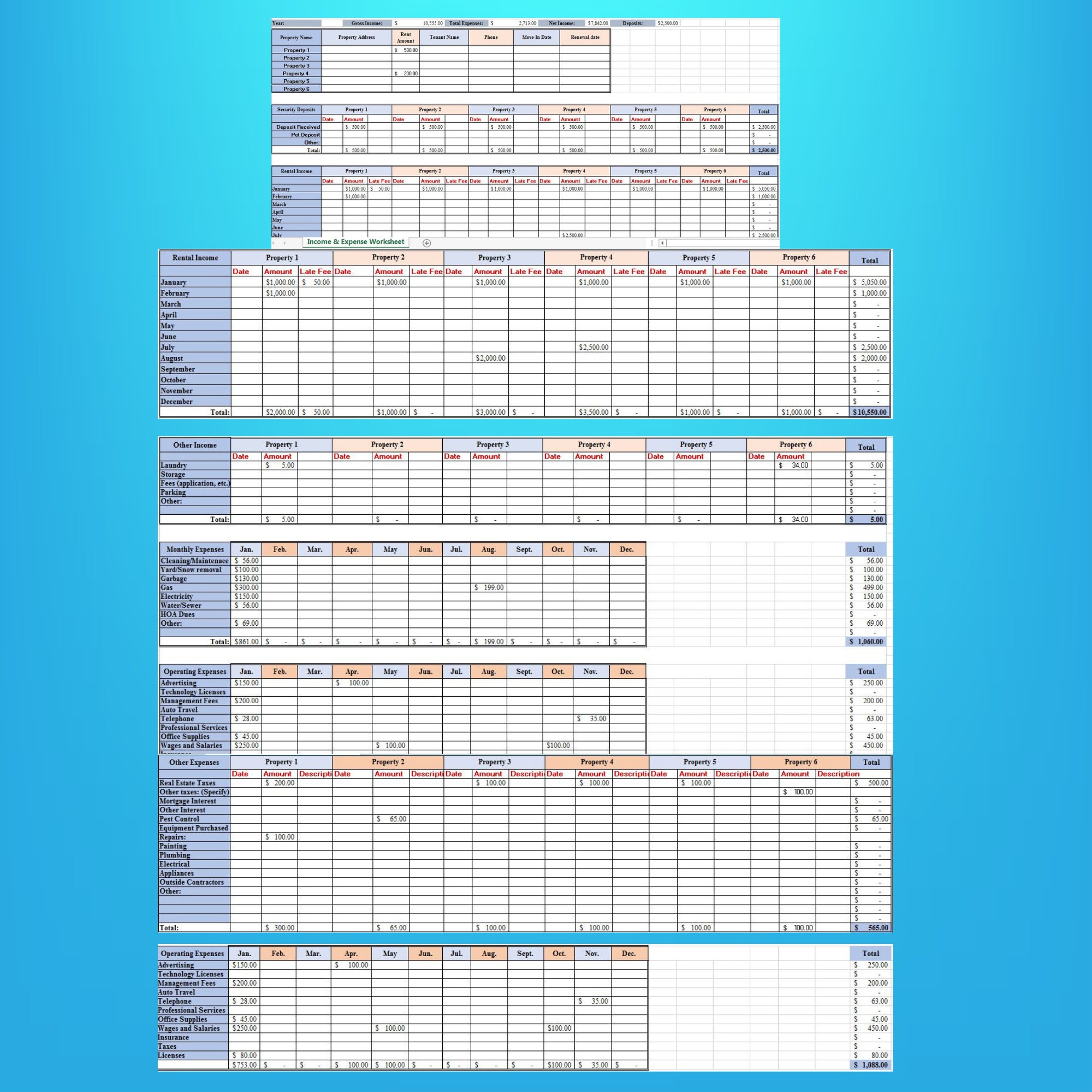Landlord Rental Property Spreadsheet for up to 6 Properties, Rental ...