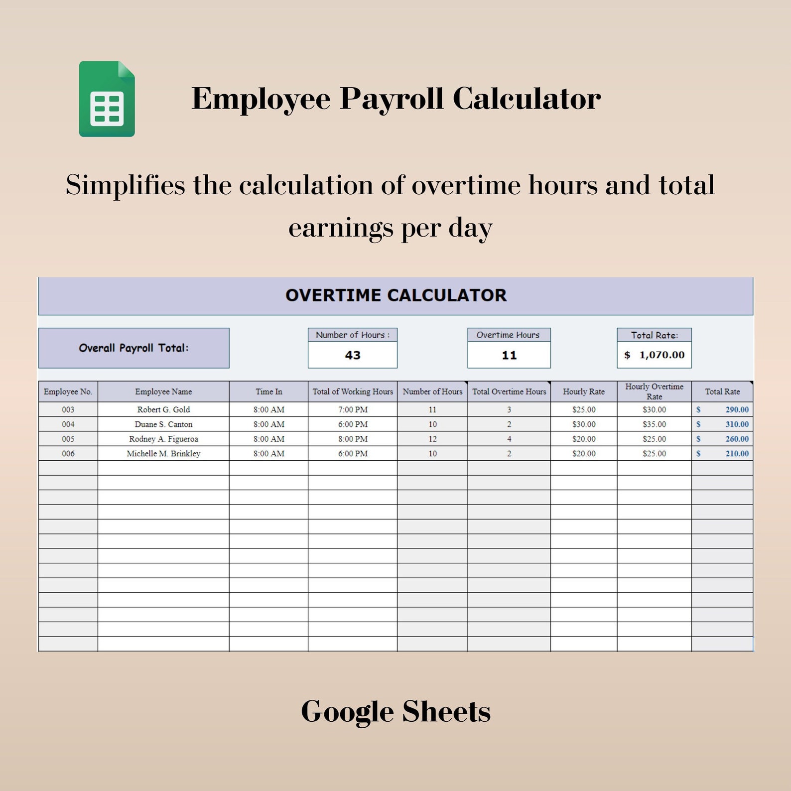 Overtime Calculator Google Sheets, Payroll Spreadsheet to Calculate ...