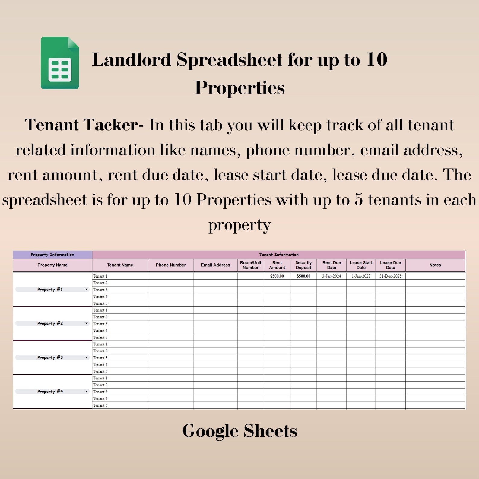 Landlord Property Spreadsheet in Google Sheets for up to 10 Properties ...