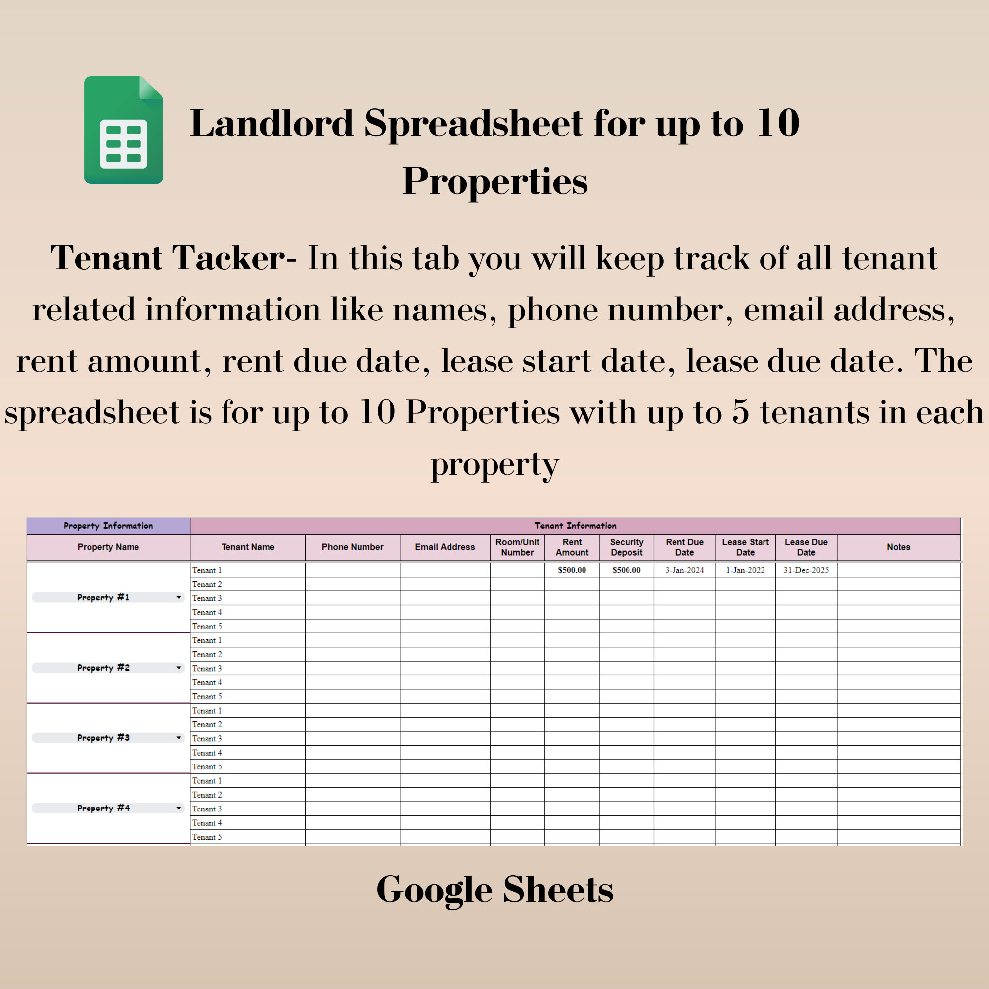 Landlord Property Spreadsheet in Google Sheets for up to 10 Properties ...