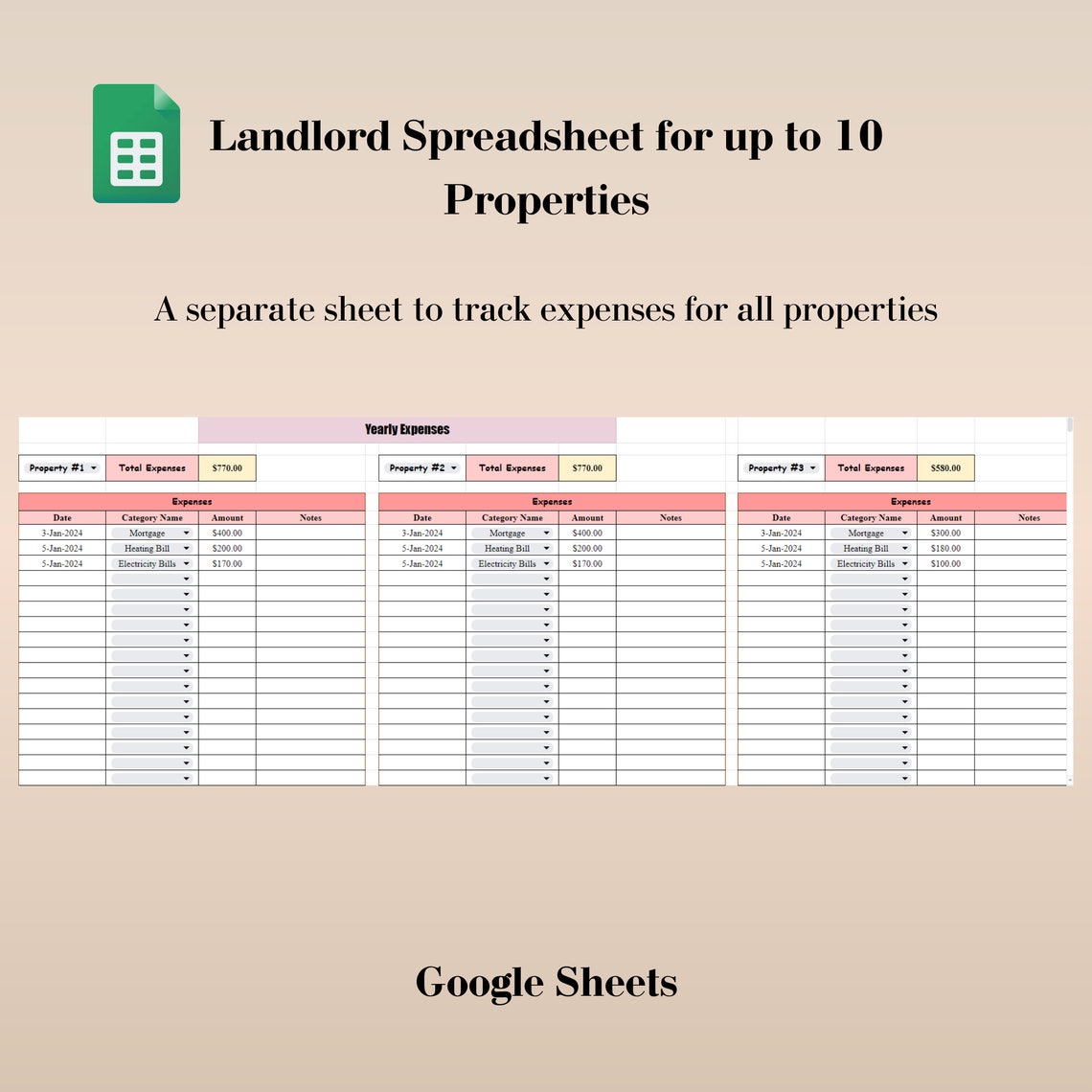 Landlord Property Spreadsheet in Google Sheets for up to 10 Properties ...
