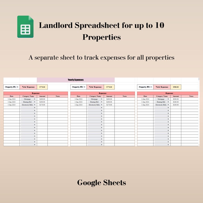 Landlord Property Spreadsheet in Google Sheets for up to 10 Properties ...