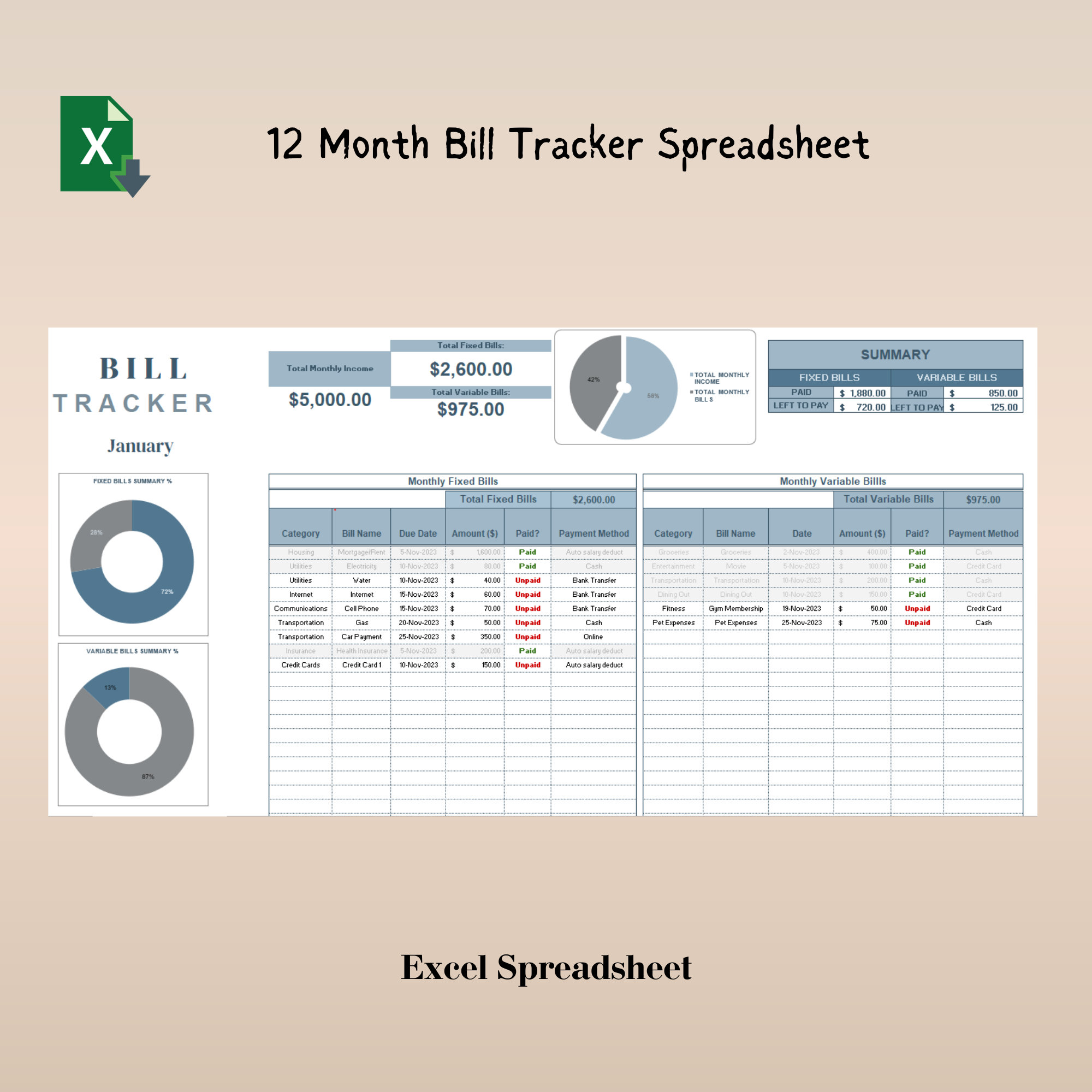 12 Month Bill Tracker Spreadsheet, Monthly Bill Payment Log, Bill ...