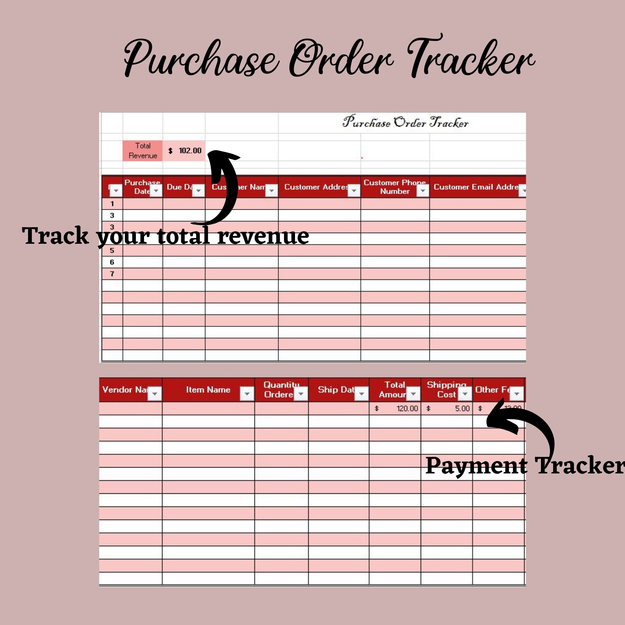 Purchase Order Tracker Excel Spreadsheet, Sales Tracker, Revenue ...