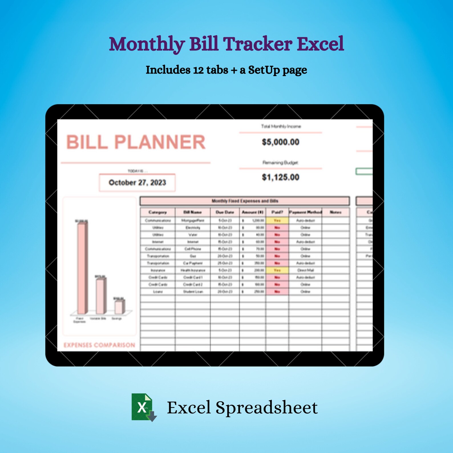 Monthly Bill Tracker Excel, Bill Tracker Spreadsheet, Monthly Bill ...