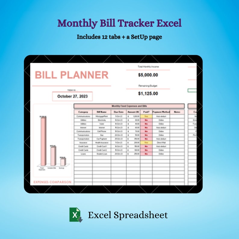 Monthly Bill Tracker Excel, Bill Tracker Spreadsheet, Monthly Bill ...