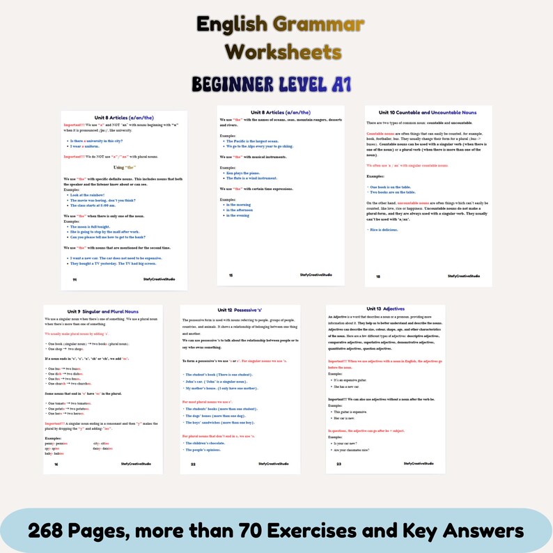 English Grammar Worksheet Bundle Level A1, English Grammar Workbook for ...