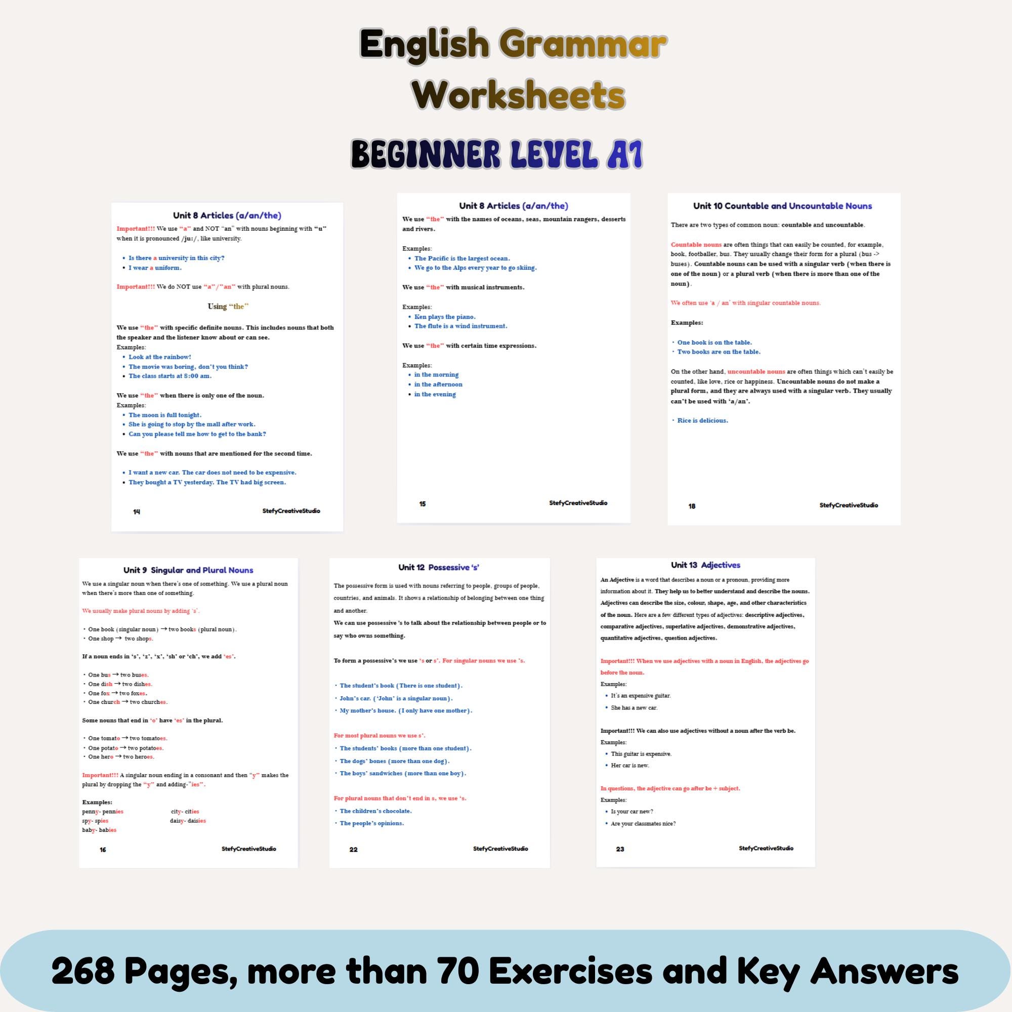 English Grammar Worksheet Bundle Level A1, English Grammar Workbook for ...