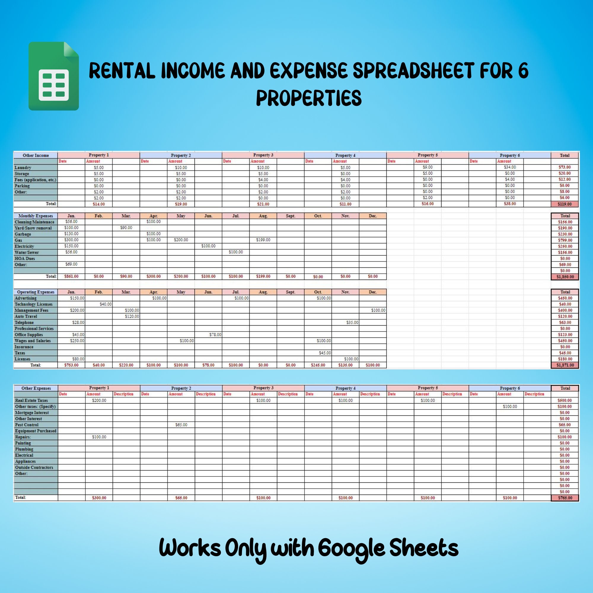 Rental Property Spreadsheet in Google Sheets, Landlord Spreadsheet for ...