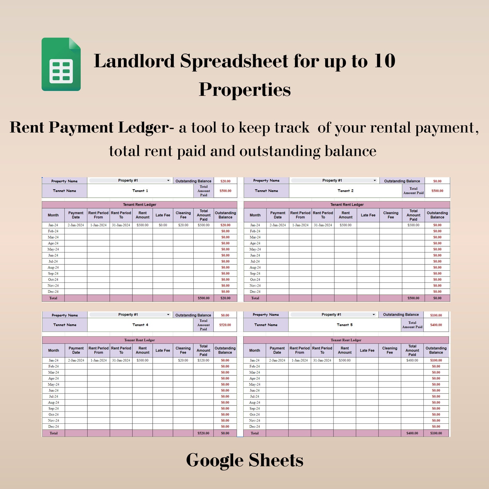Landlord Property Spreadsheet in Google Sheets for up to 10 Properties ...