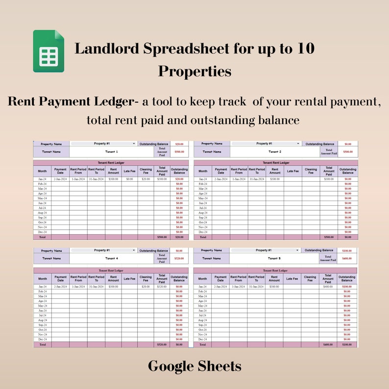 Landlord Property Spreadsheet in Google Sheets for up to 10 Properties ...