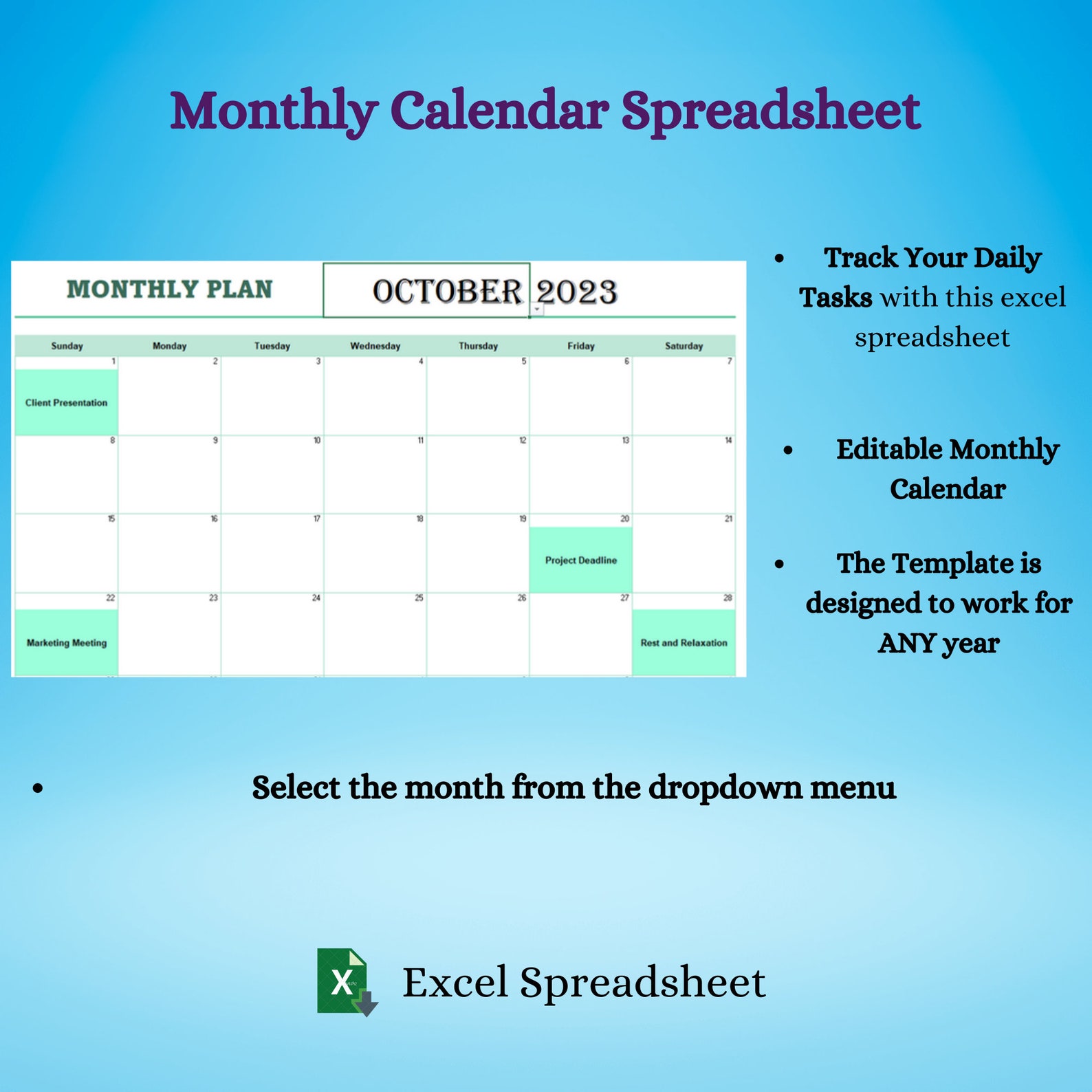 EDITABLE Monthly Calendar Spreadsheet, Excel Calendar Planner, Monthly ...