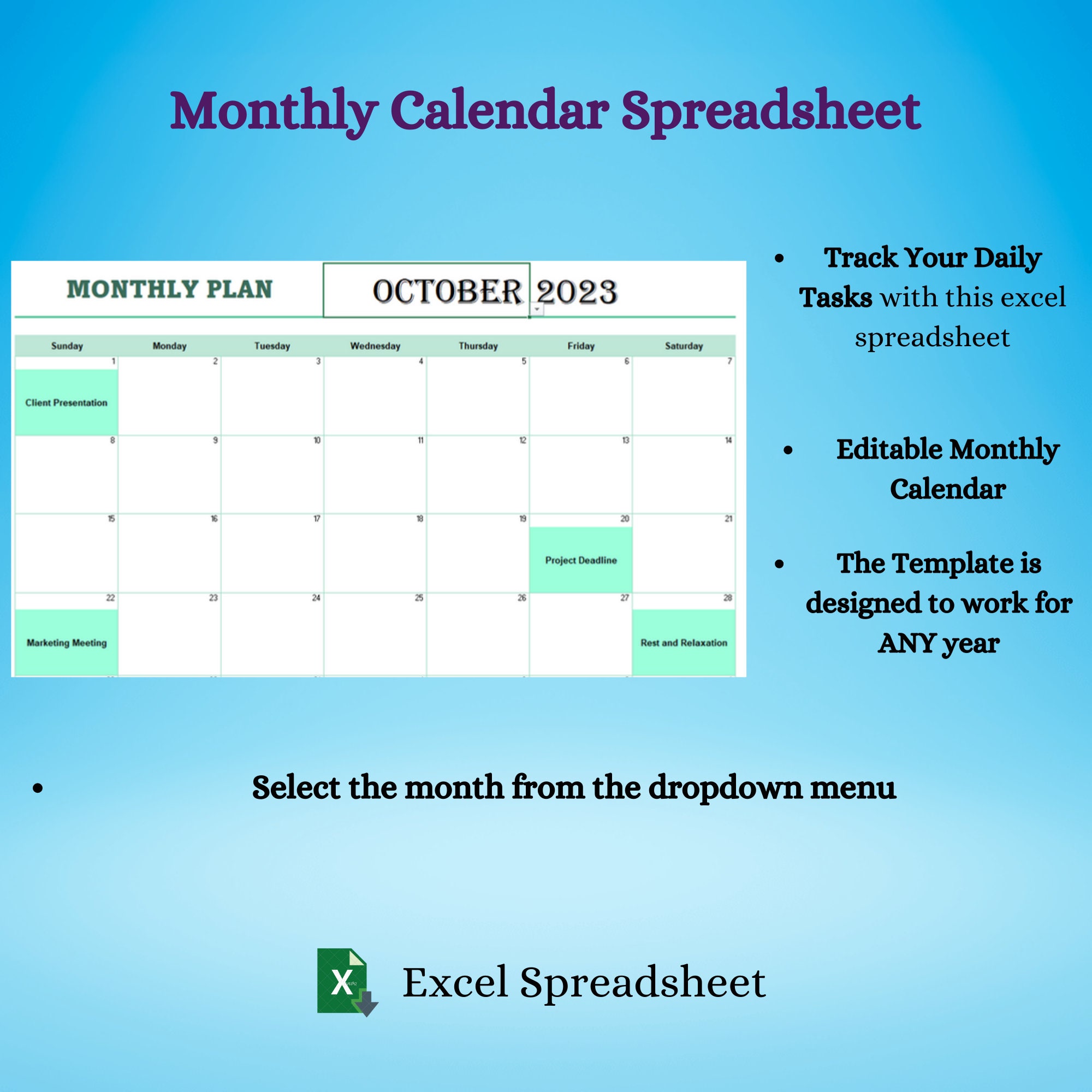 EDITABLE Monthly Calendar Spreadsheet, Excel Calendar Planner, Monthly ...