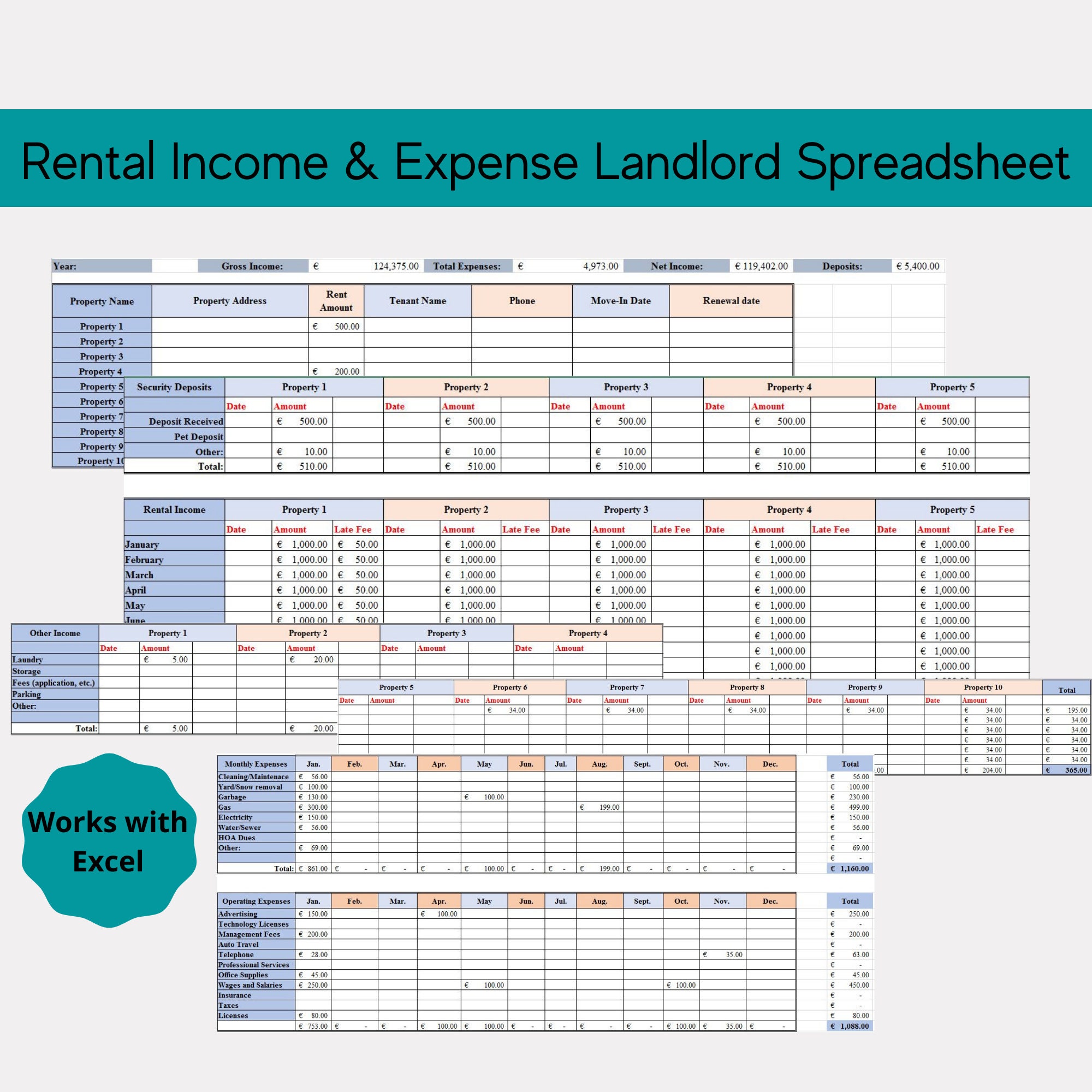 Landlord Rent Ledger Spreadsheet, Rental Property Income and Expense ...