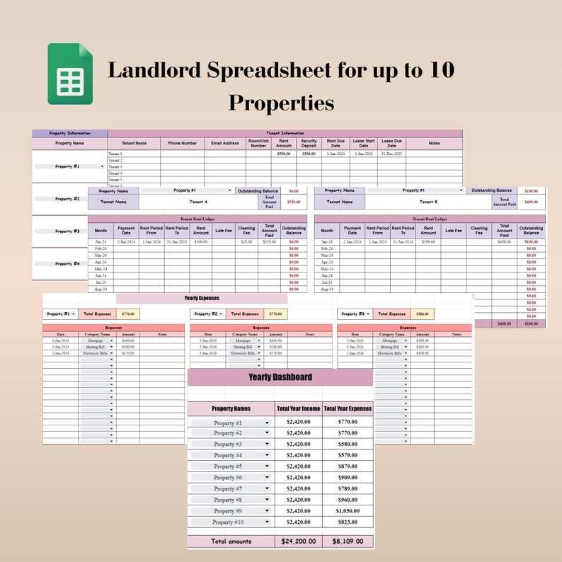 Landlord Property Spreadsheet in Google Sheets for up to 10 Properties ...