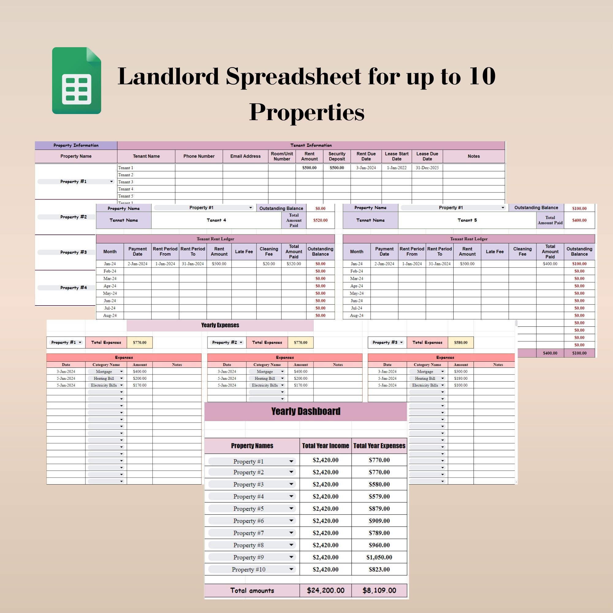 Landlord Property Spreadsheet in Google Sheets for up to 10 Properties ...