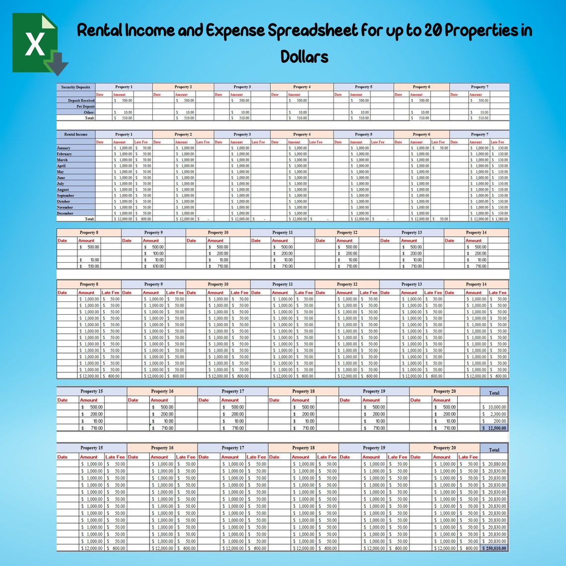 Rental Income and Expense Tracker for 20 Properties, Landlord Property ...
