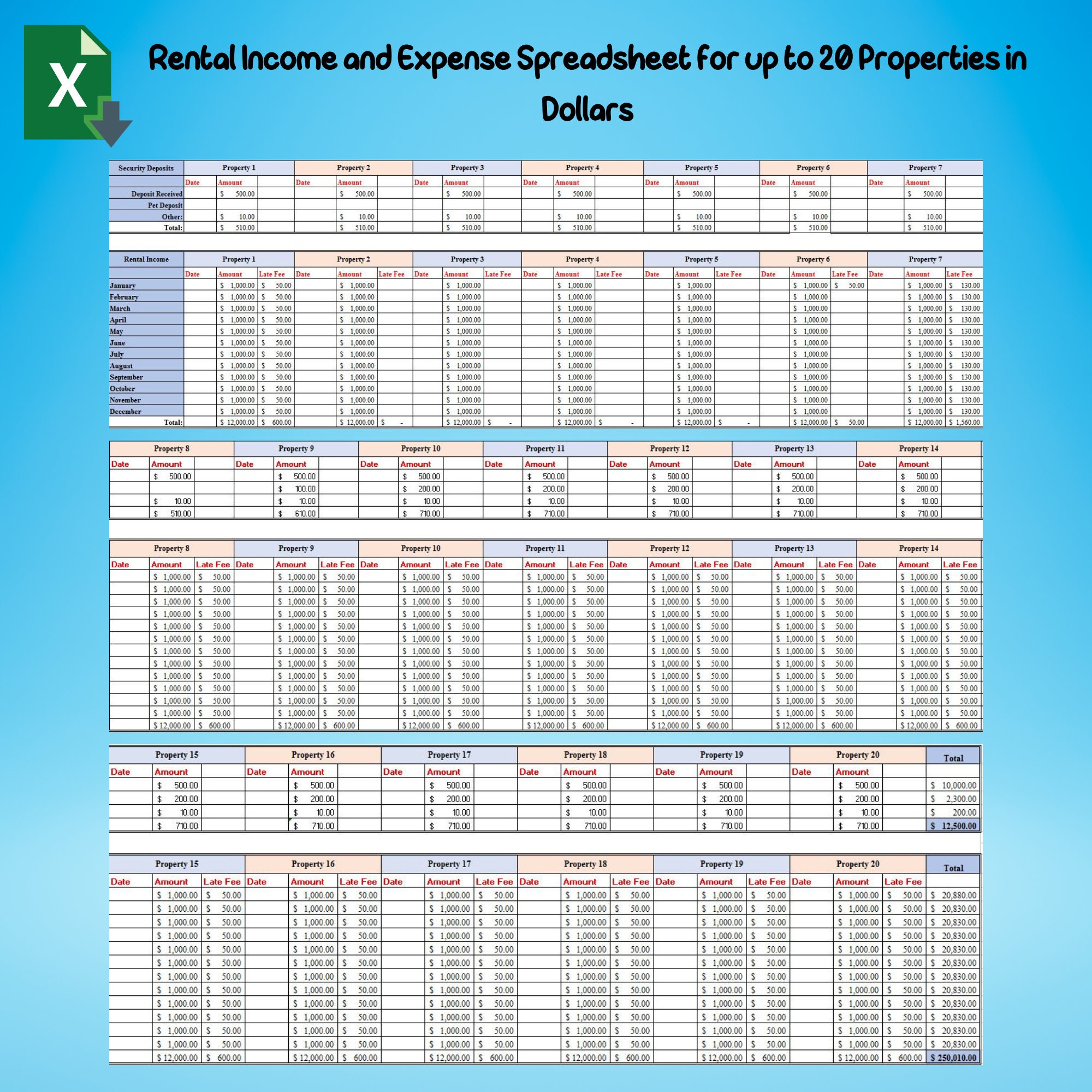 Rental Income and Expense Tracker for 20 Properties, Landlord Property ...