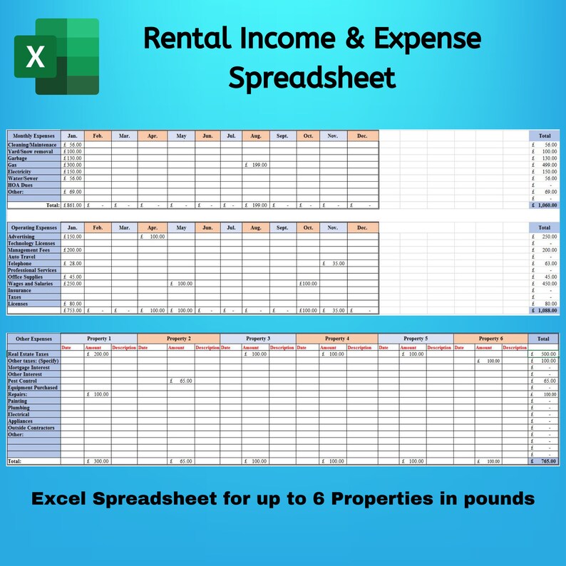 Rental Property Spreadsheet for UP to 6 Properties, Rental Income and ...