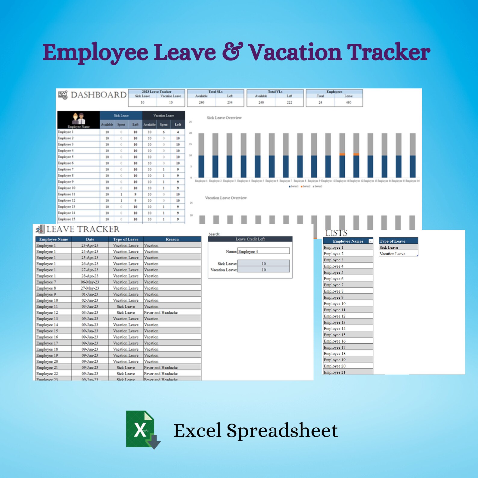 Employee Leave & Vacation Tracker Excel, Annual Leave Tracker, Sick ...