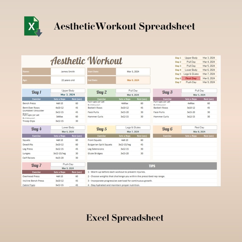 Aesthetic Workout Spreadsheet, Workout Planner Excel, Fitness Tracker ...