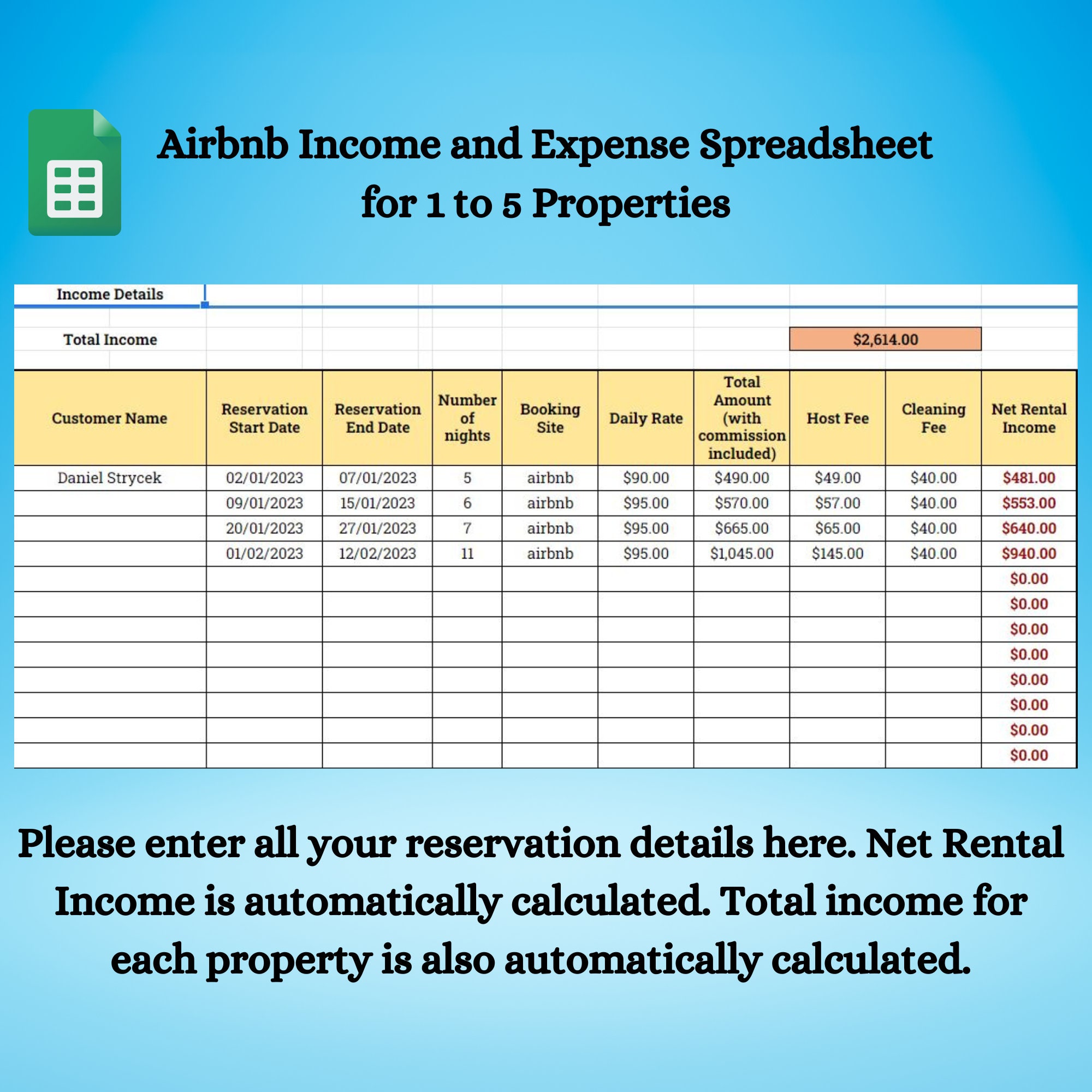 Airbnb Rental Income & Expense Spreadsheet for 1 to 5 Properties ...