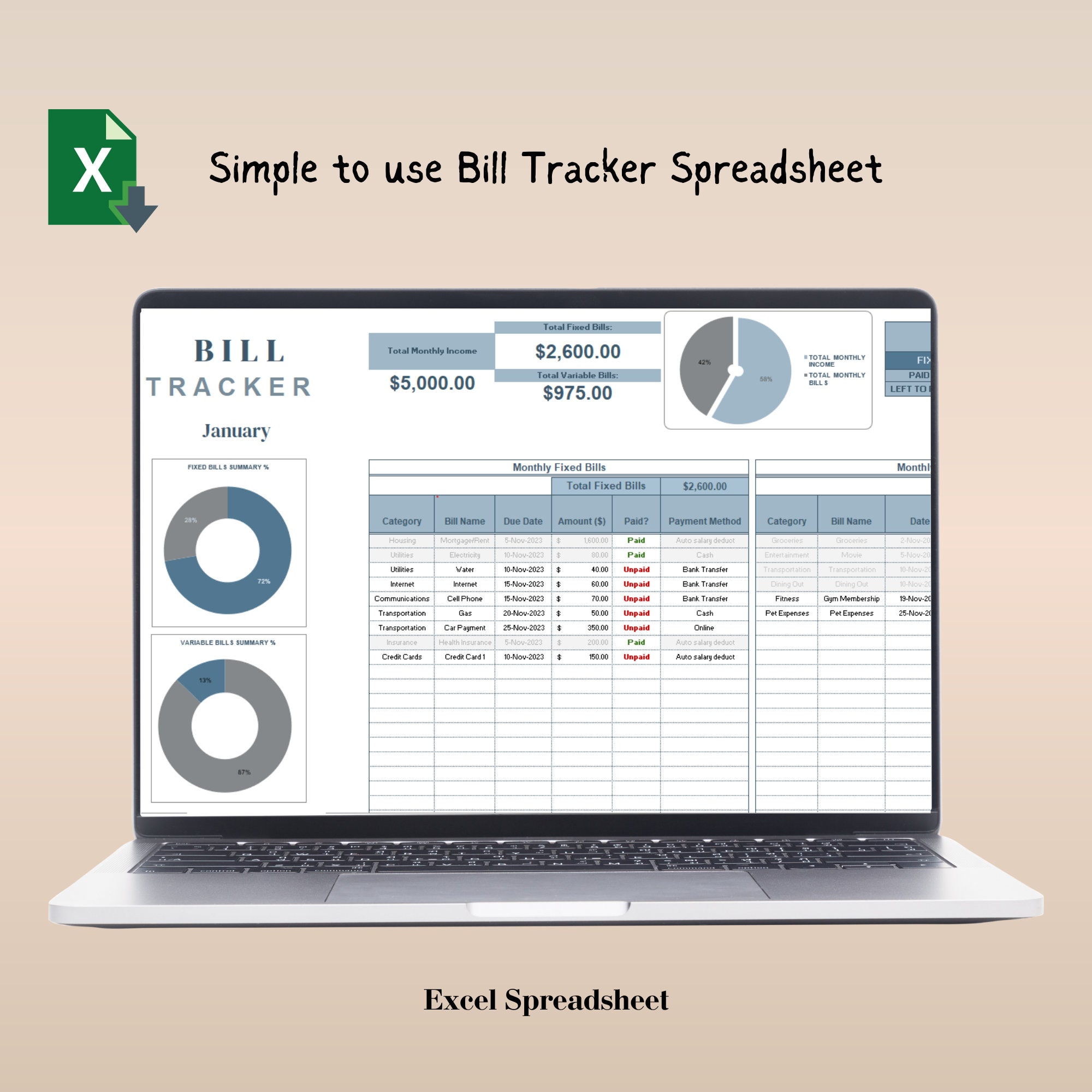 12 Month Bill Tracker Spreadsheet, Monthly Bill Payment Log, Bill ...