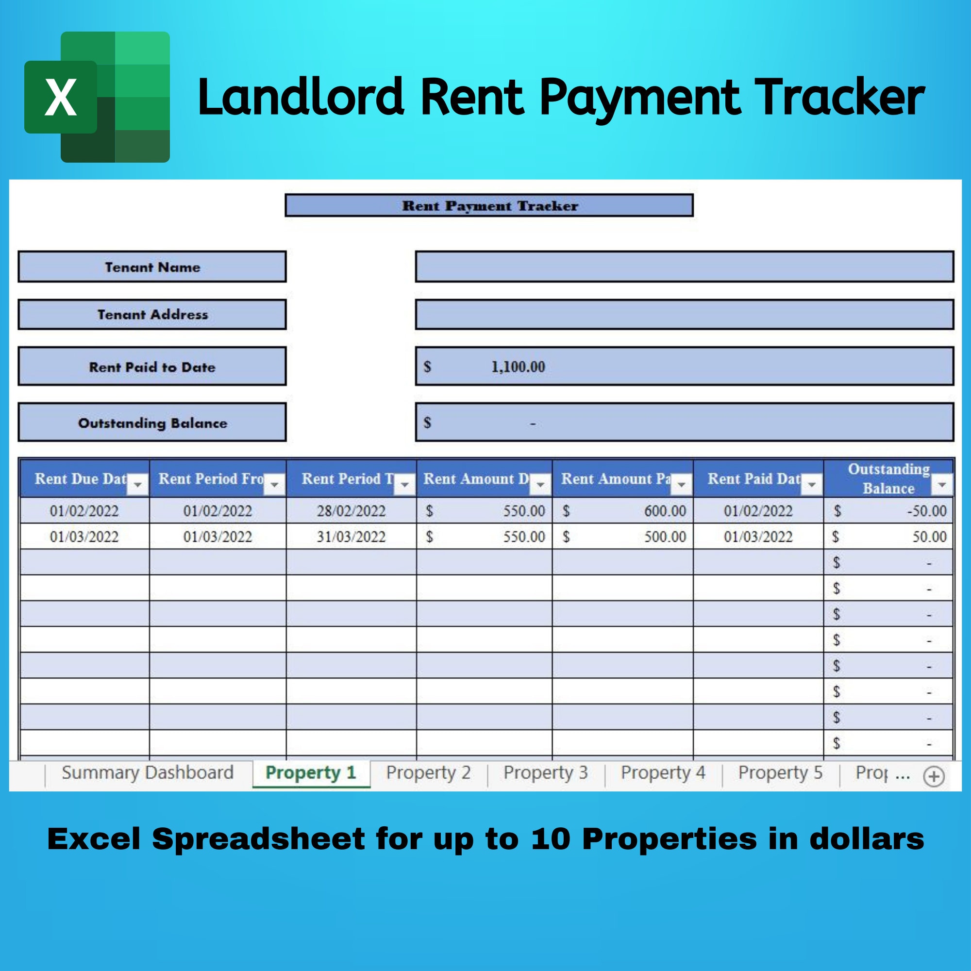 Rent Payment Tracker in Excel, Rental Property Ledger for up to 10 ...