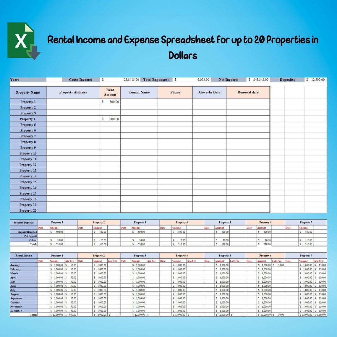 Rental Income and Expense Tracker for 20 Properties, Landlord Property ...