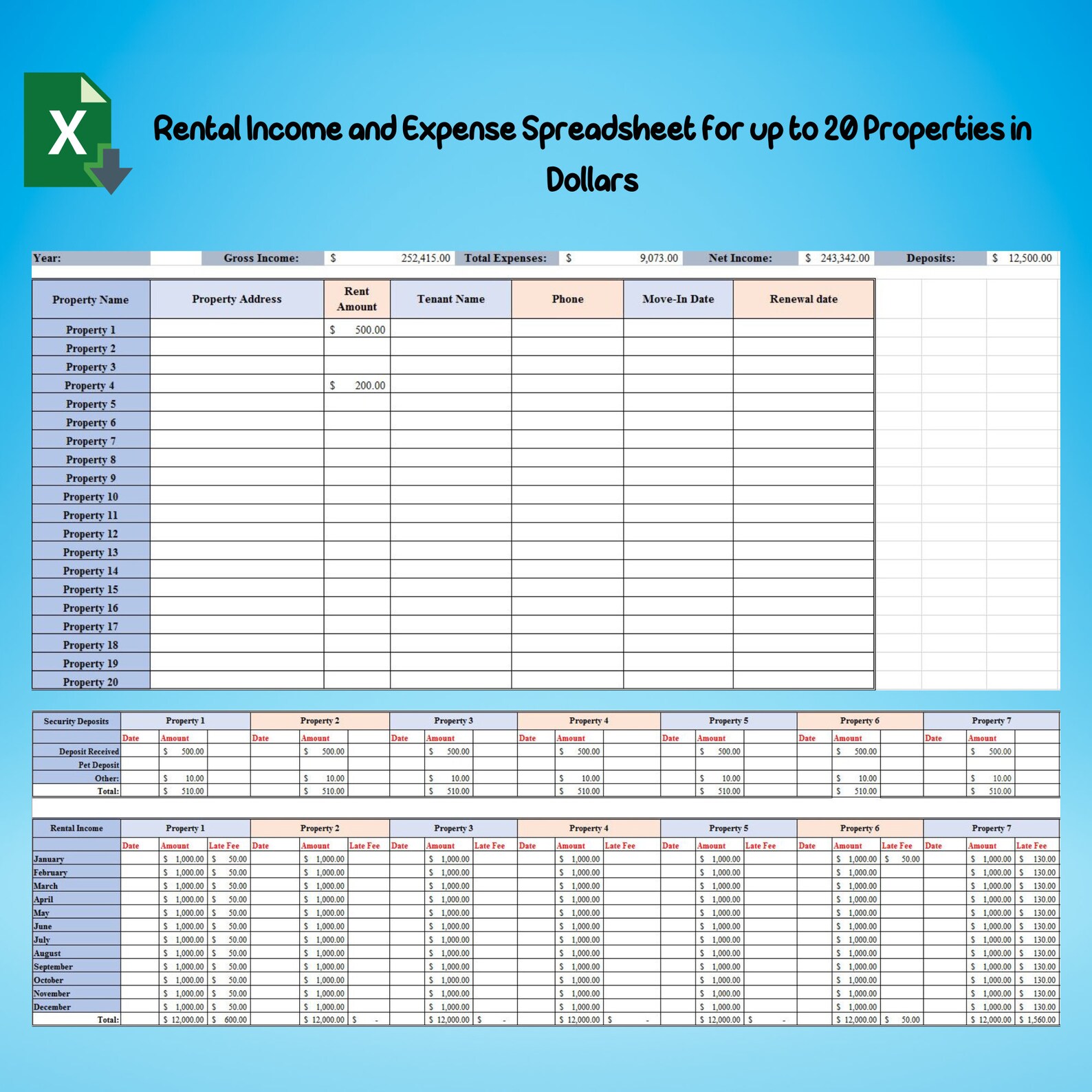 Rental Income and Expense Tracker for 20 Properties, Landlord Property ...