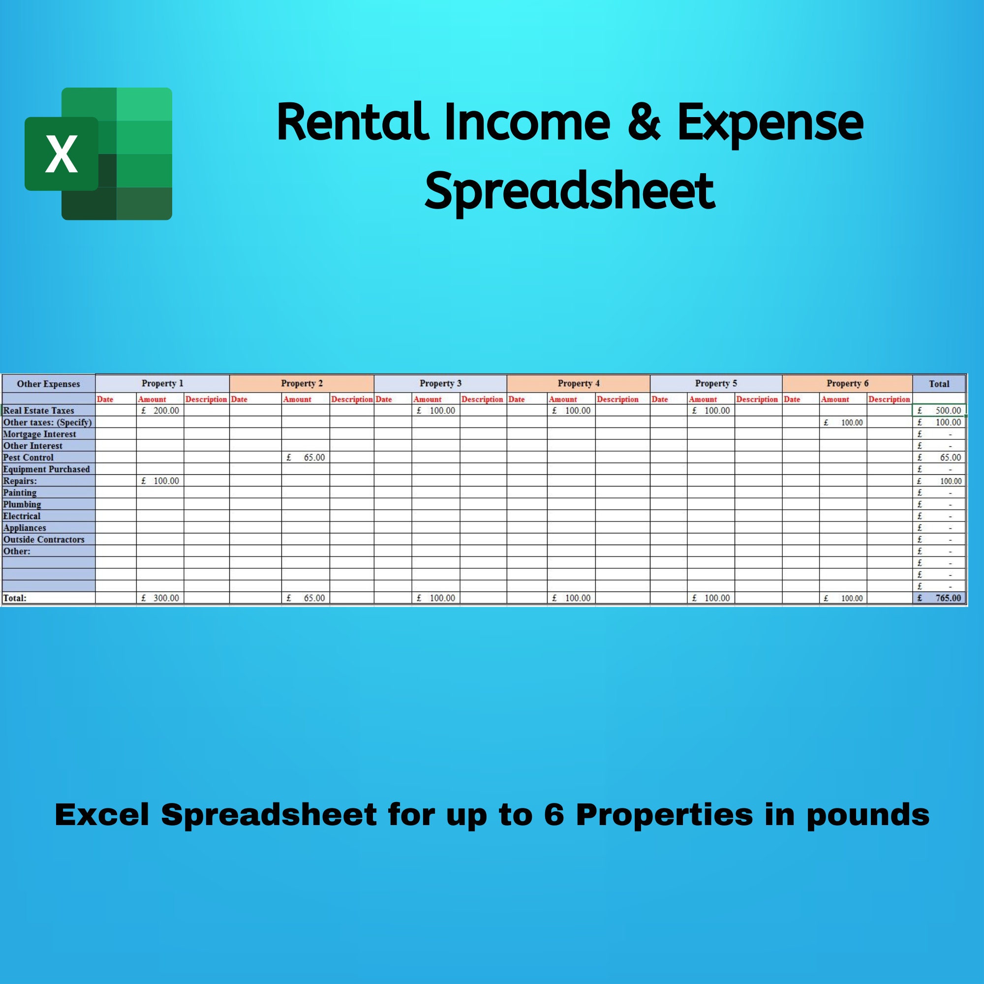 Rental Property Spreadsheet for UP to 6 Properties, Rental Income and ...