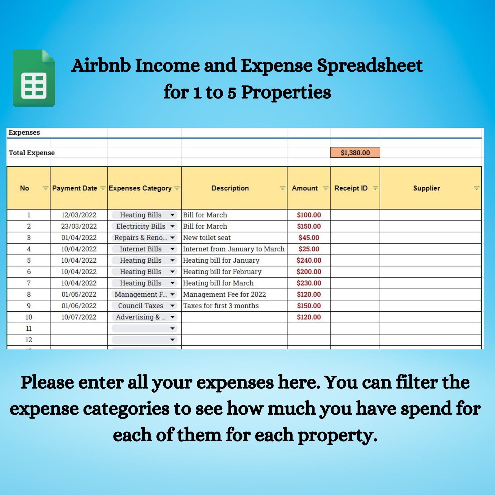 Airbnb Rental Income & Expense Spreadsheet for 1 to 5 Properties ...
