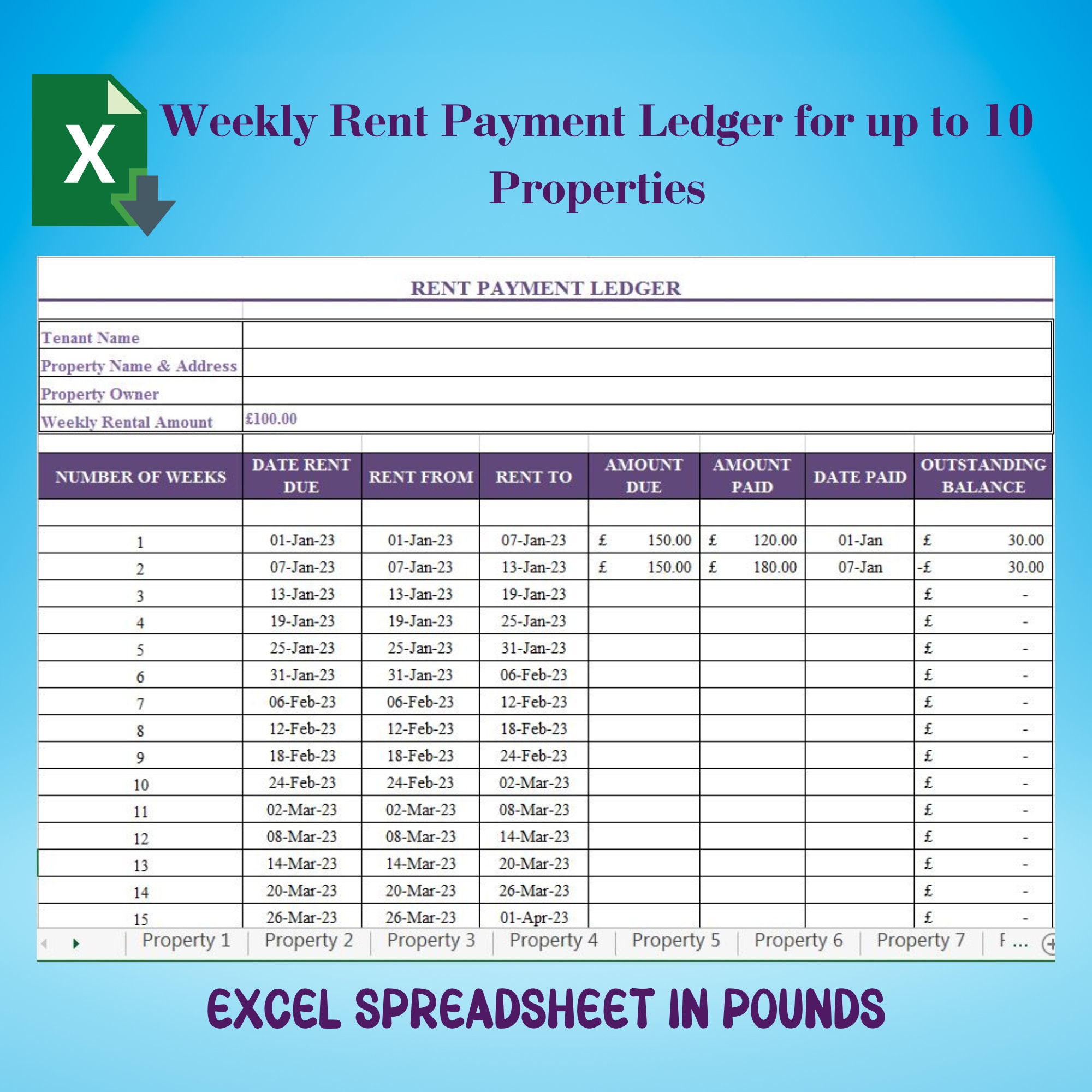 Weekly Rental Payment Ledger for 10 Properties in Pounds, Rent Payment ...