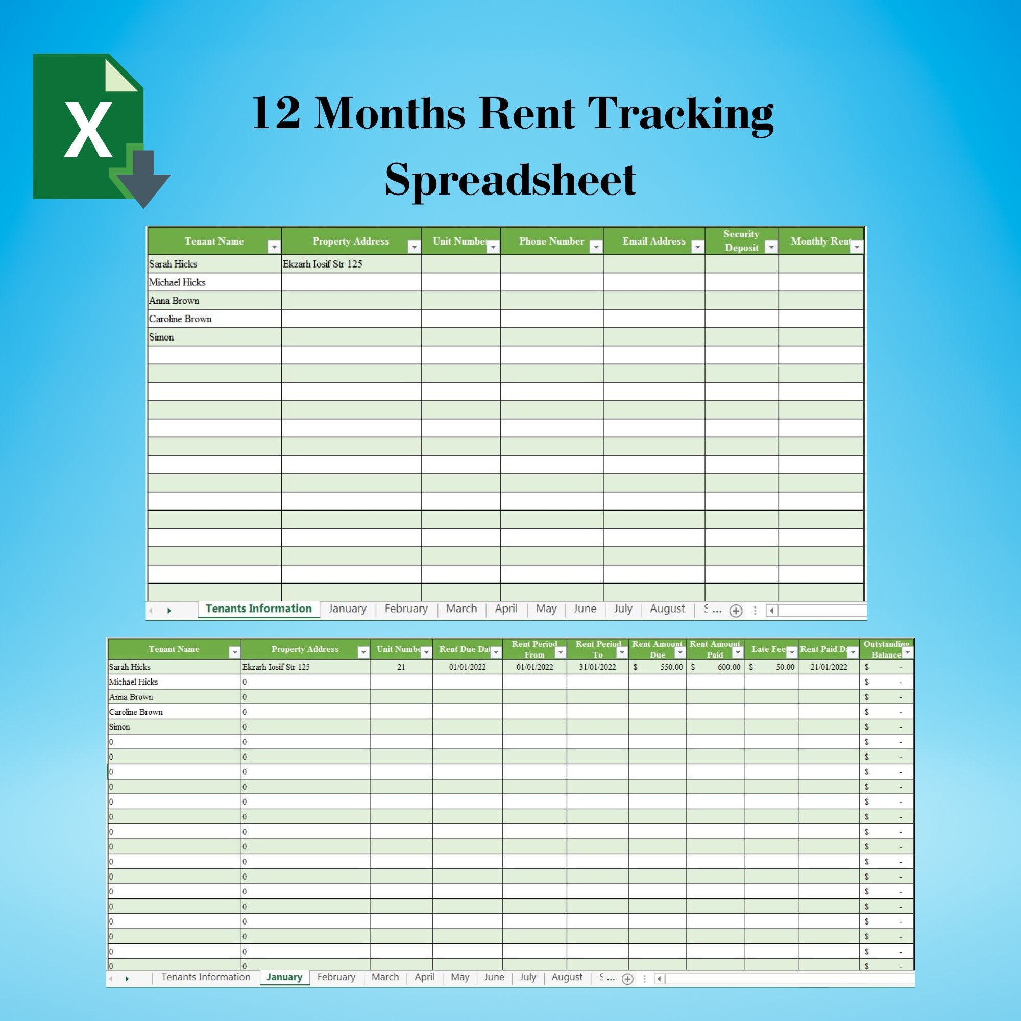 12 Months Rent Payment Ledger, Rental Property Spreadsheet, Landlord ...