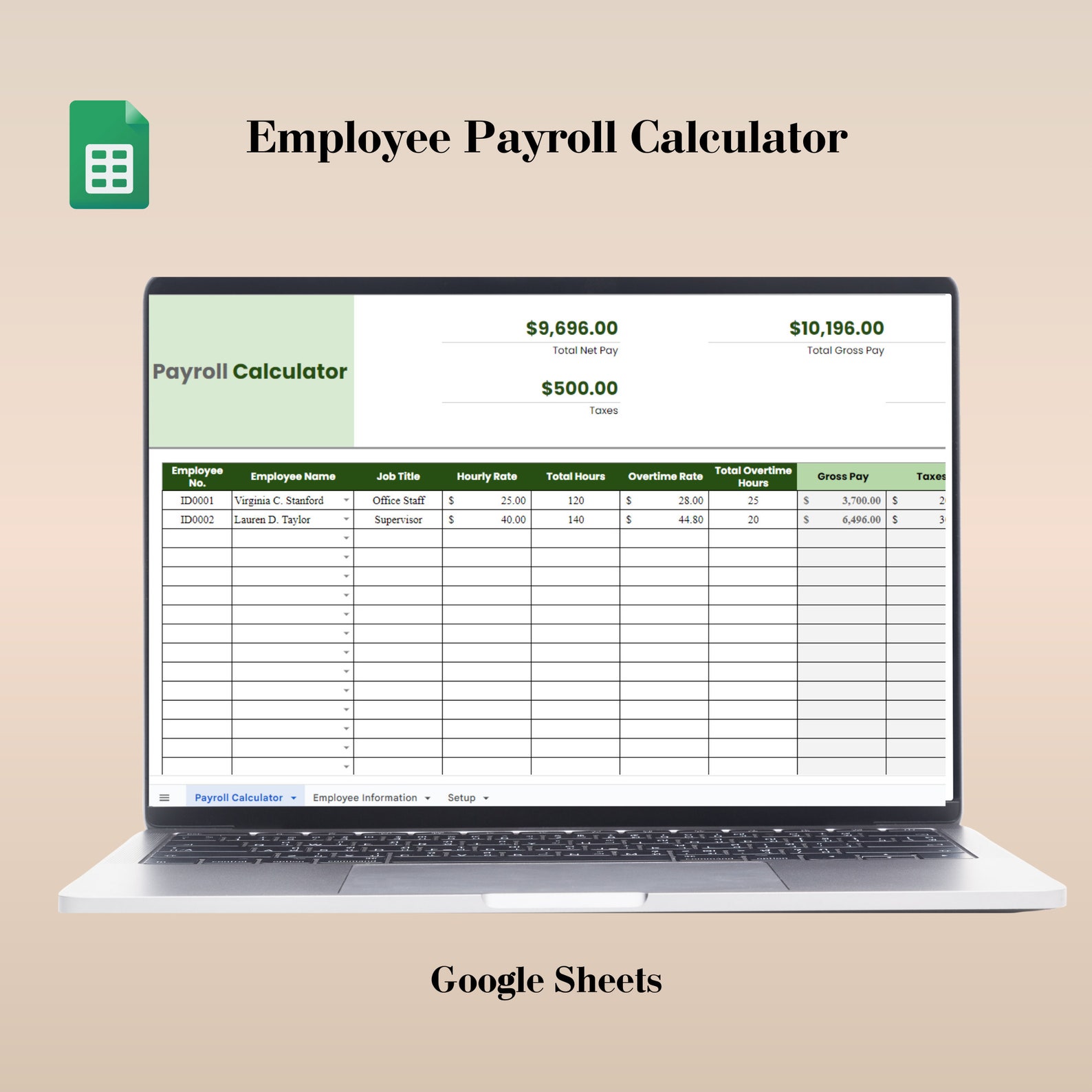 Payroll Calculator Google Sheet, Employee Payroll Records, Employee ...