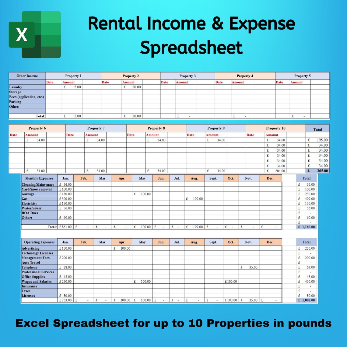 Rental Income & Expense Spreadsheet for up to 10 Properties in POUNDS ...