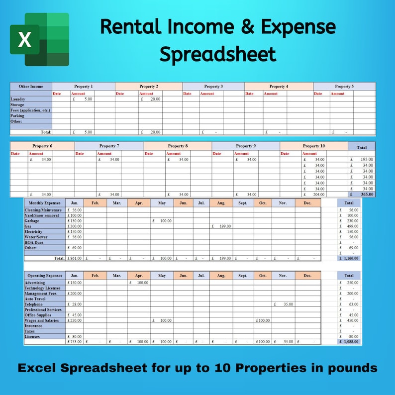 Rental Income & Expense Spreadsheet for up to 10 Properties in POUNDS ...
