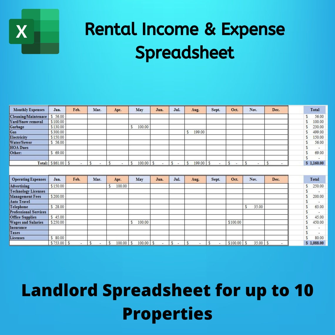Rental Property Spreadsheet for up to 10 Properties, Rental Income ...