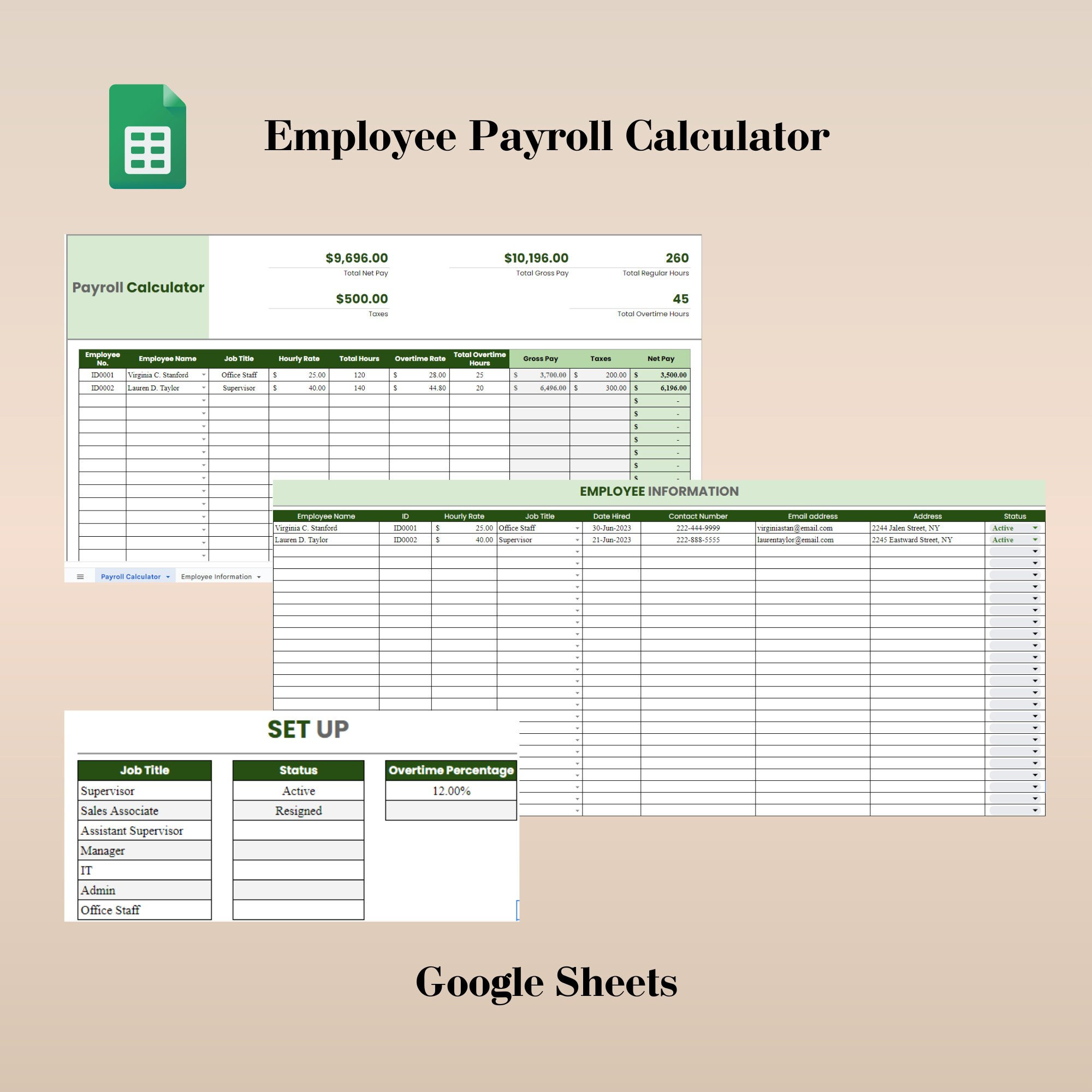 Payroll Calculator Google Sheet, Employee Payroll Records, Employee ...