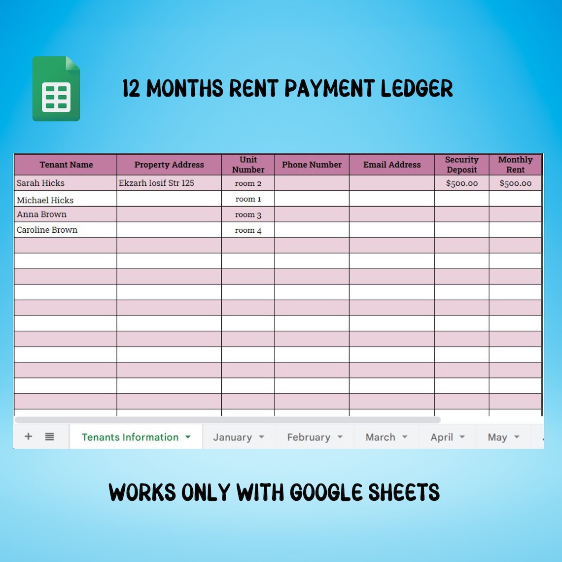 12 Months Rent Payment Ledger in Google Sheets, Rent Ledger With Late ...