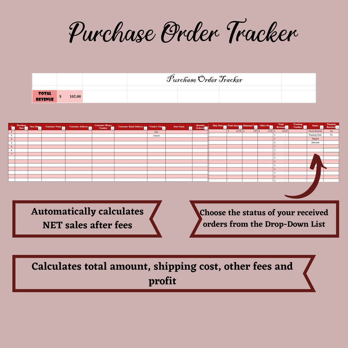 Purchase Order Tracker Excel Spreadsheet, Sales Tracker, Revenue ...