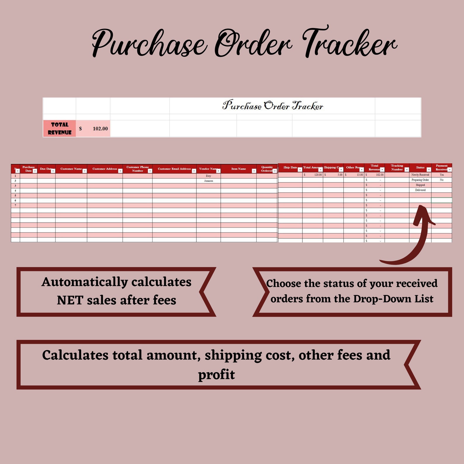 Purchase Order Tracker Excel Spreadsheet, Sales Tracker, Revenue ...