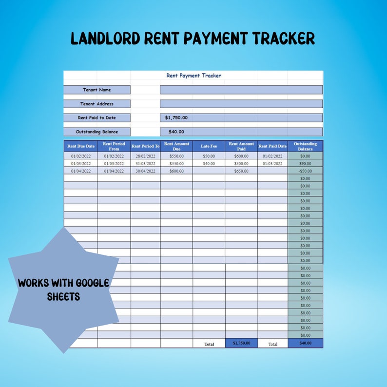 Landlord Rent Payment Tracker Google Sheets, Rent Ledger for up to 10 ...