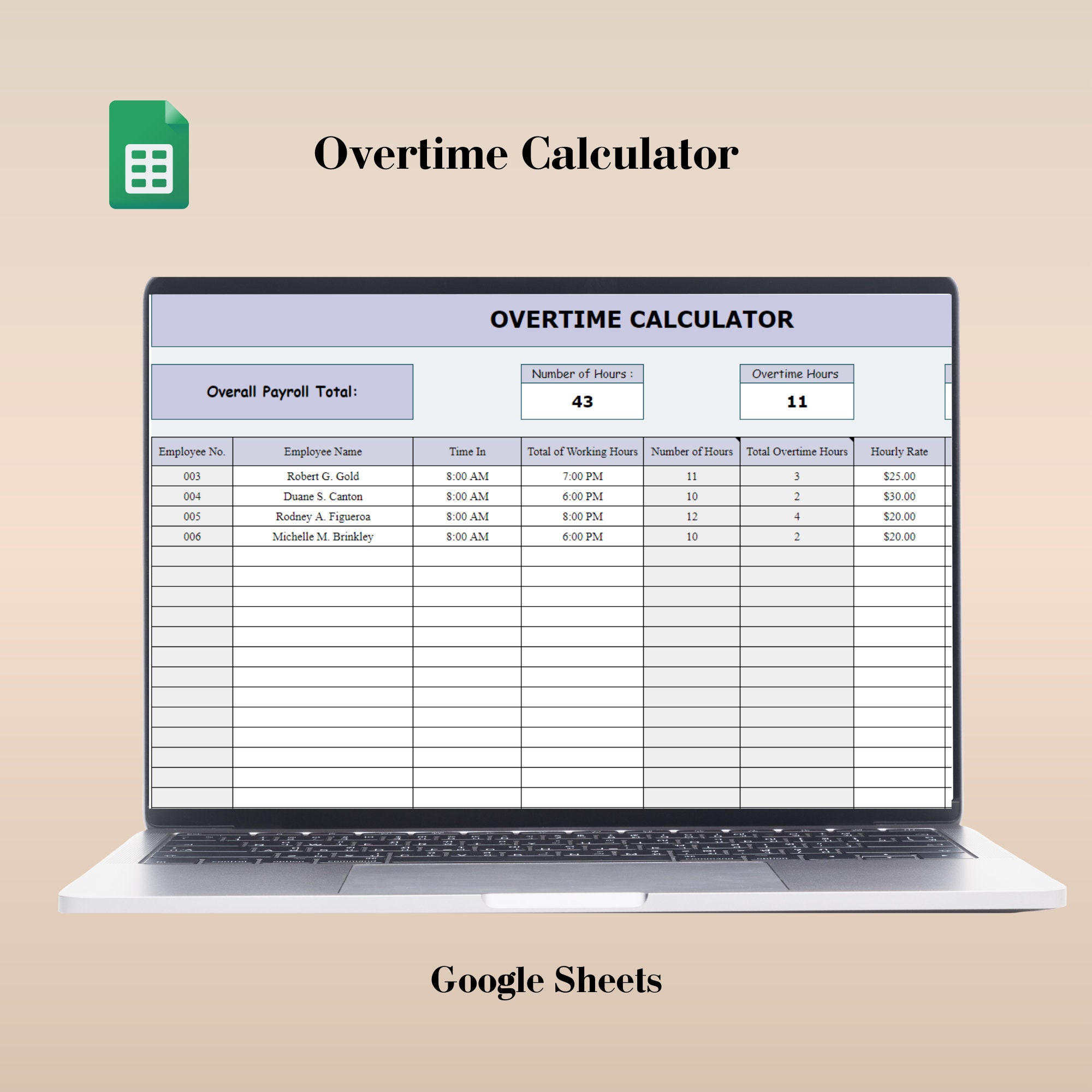 Overtime Calculator Google Sheets, Payroll Spreadsheet to Calculate Overtime, Employee Payroll ...