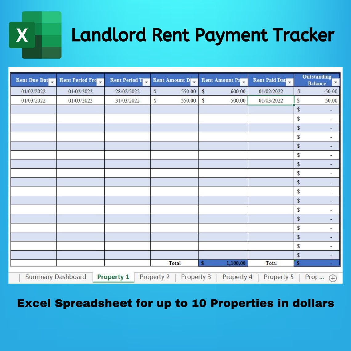 Rent Payment Tracker in Excel, Rental Property Ledger for up to 10 ...