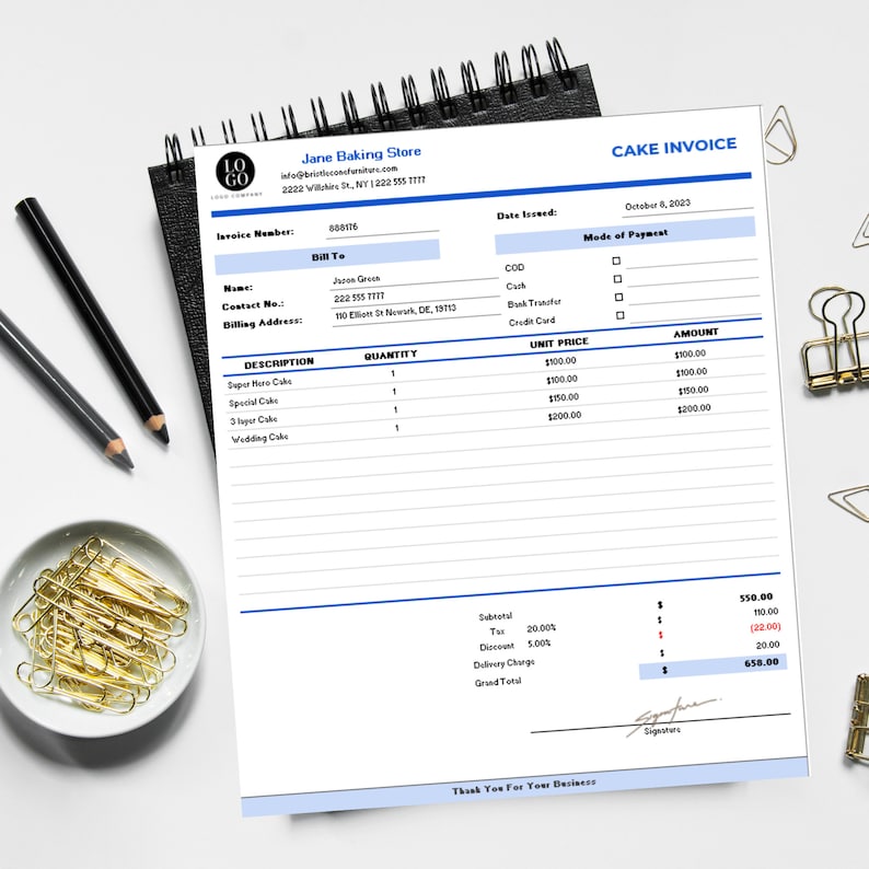 Bakery Invoice Template in Excel and Google Sheets, Editable Invoice ...