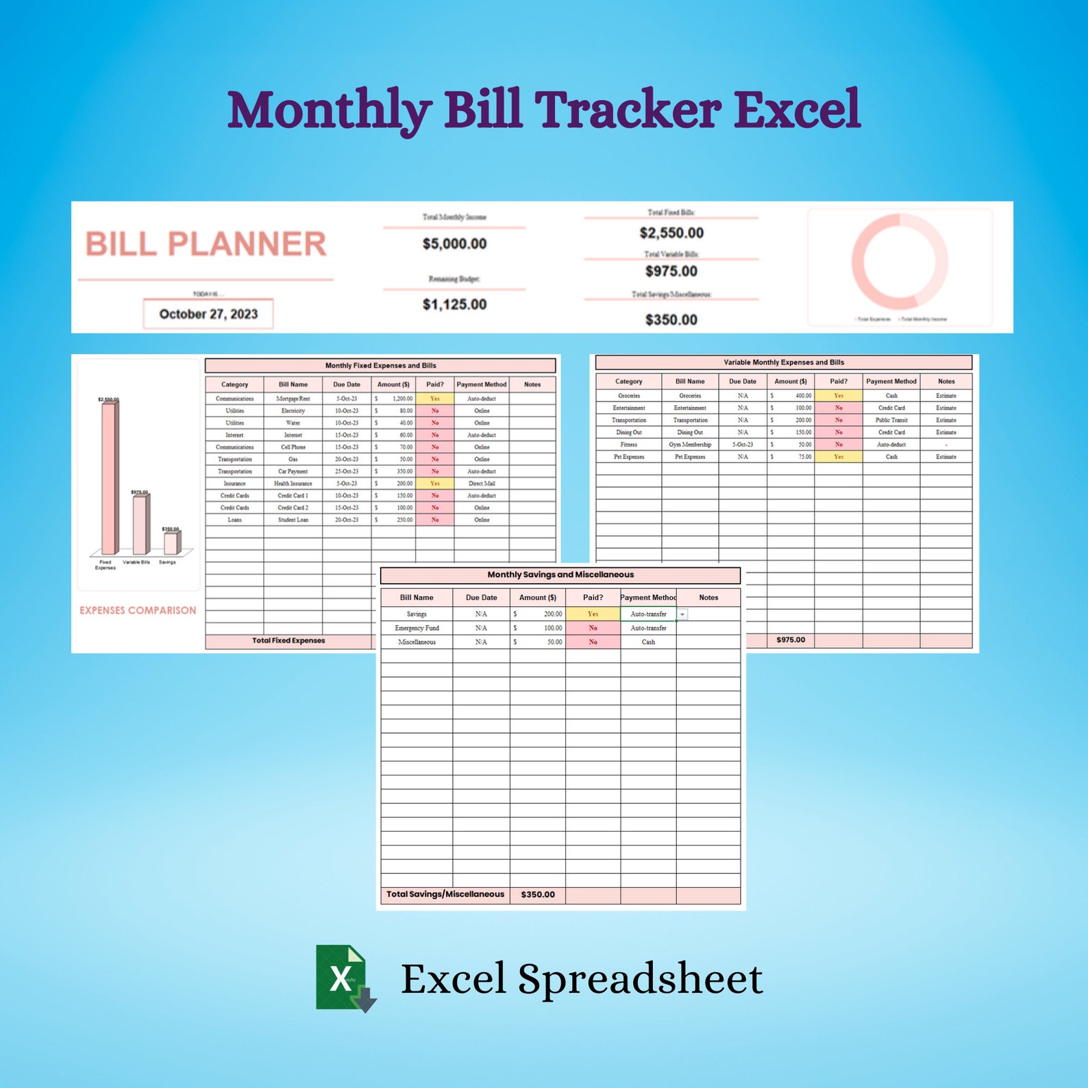 Monthly Bill Tracker Excel, Bill Tracker Spreadsheet, Monthly Bill ...