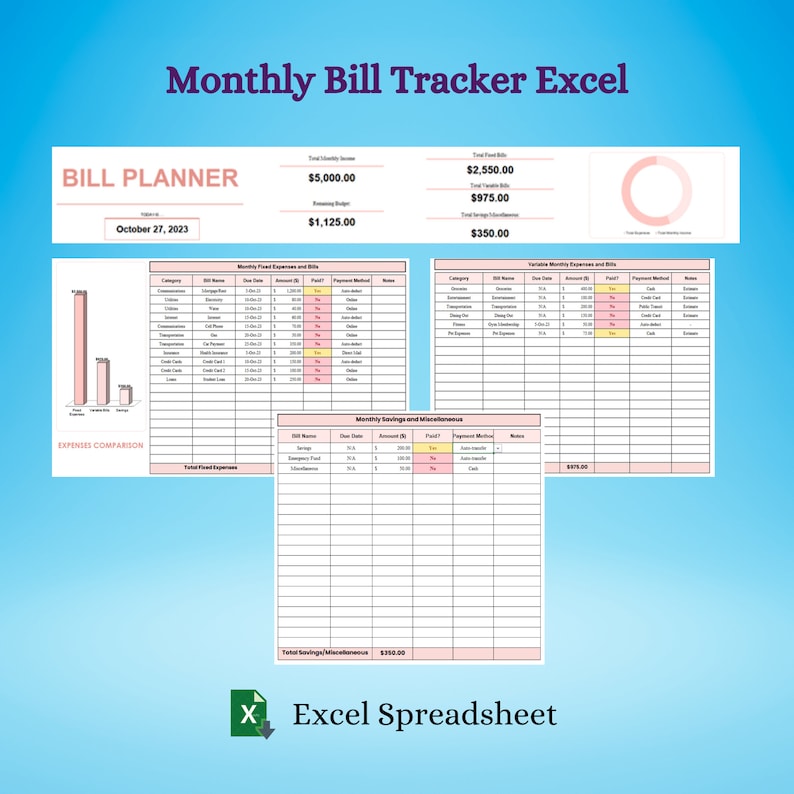 Monthly Bill Tracker Excel, Bill Tracker Spreadsheet, Monthly Bill ...