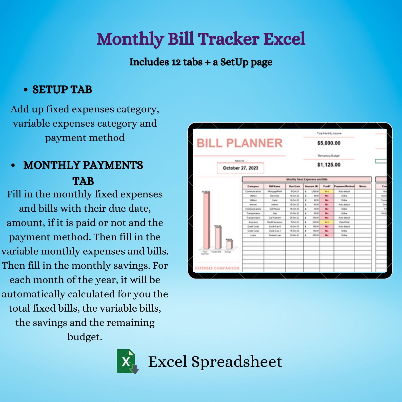 Monthly Bill Tracker Excel, Bill Tracker Spreadsheet, Monthly Bill ...